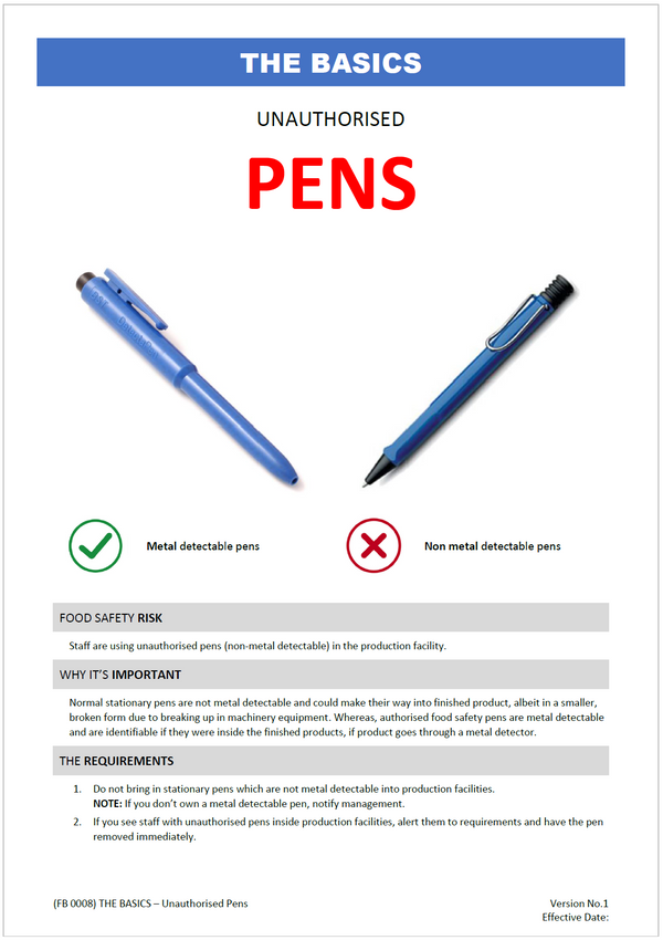 THE BASICS - Unauthorised Pens - Food Safe Documents
