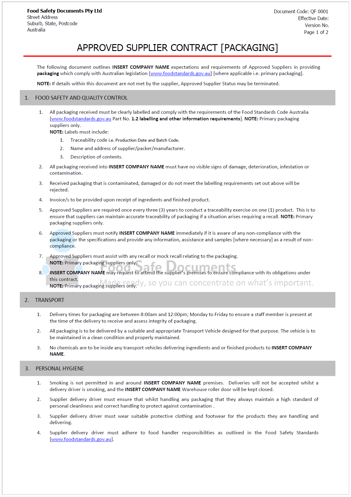 QUALITY FORMS - Food Safe Documents