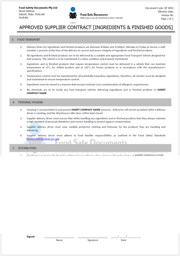 Approved Supplier Contract - Ingredients - Food Safe Documents