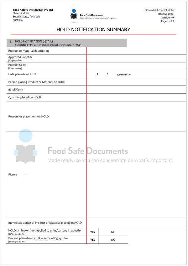 HOLD Notification Summary - Food Safe Documents
