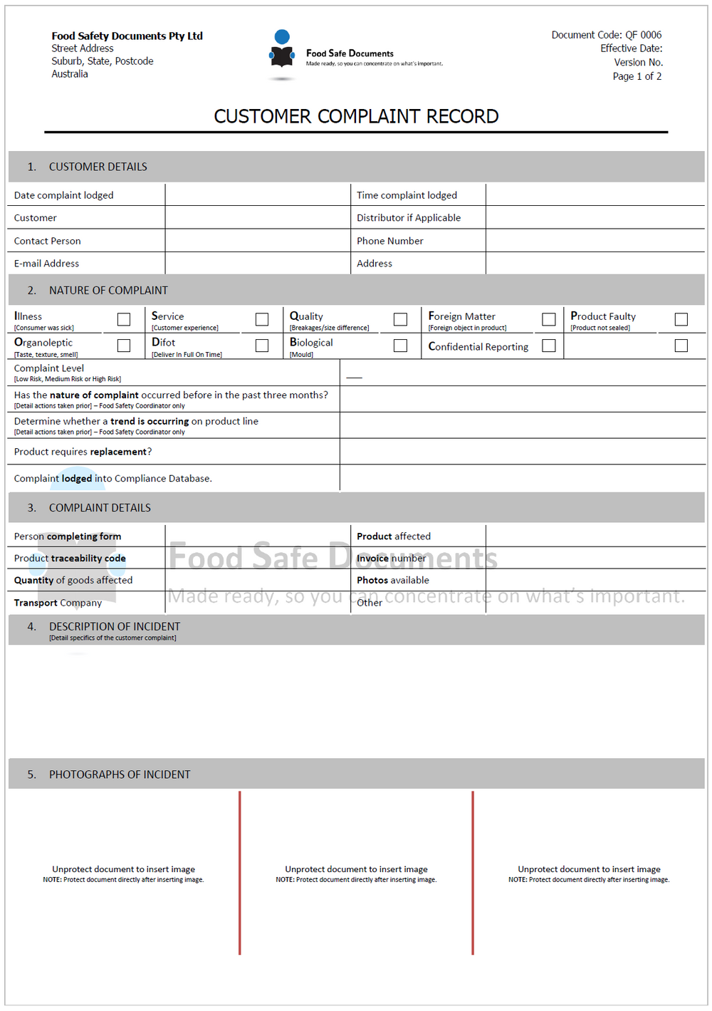 Customer Complaint Record - Food Safe Documents