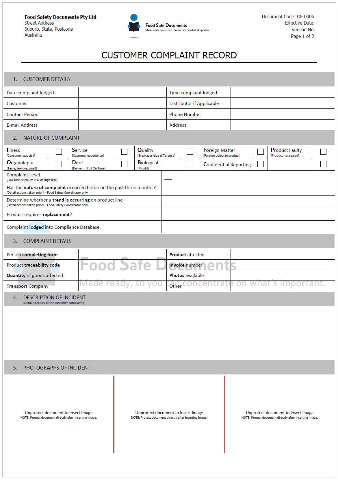 Customer Complaint Record - Food Safe Documents