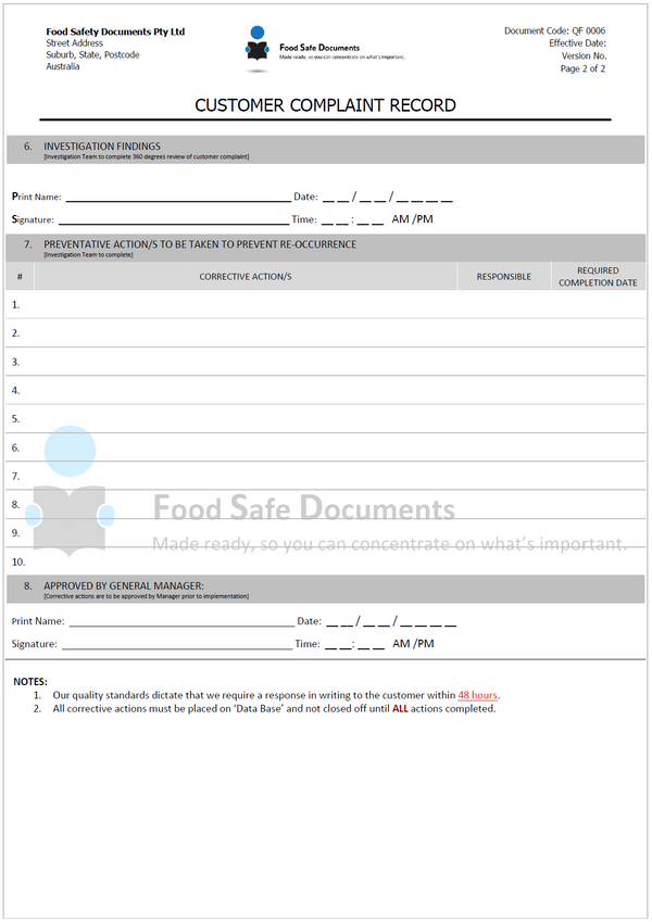 Customer Complaint Record - Food Safe Documents