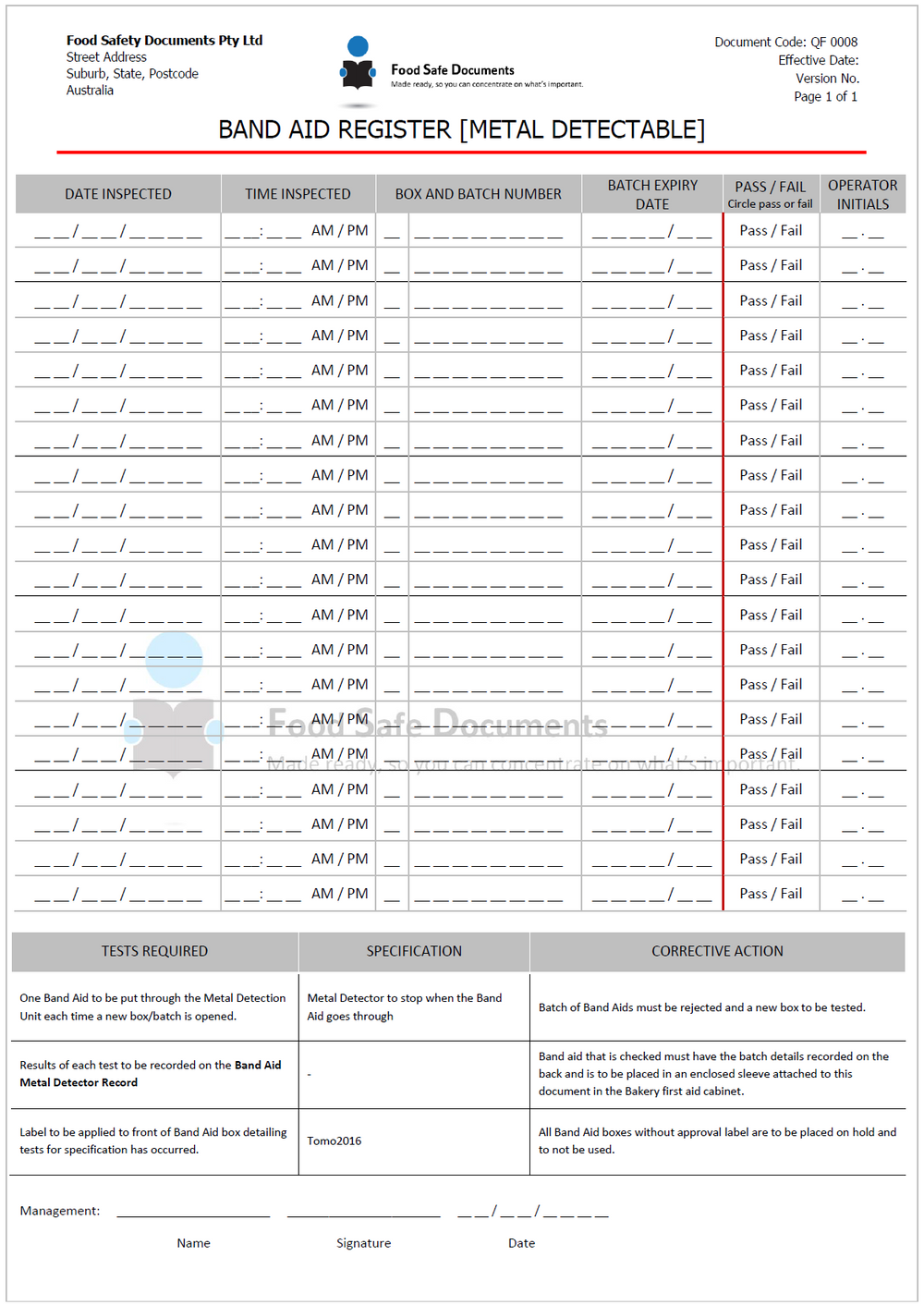 Band Aid Register - Food Safe Documents