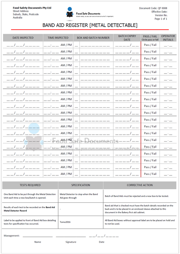 Band Aid Register - Food Safe Documents