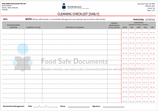 Cleaning Checklist - Food Safe Documents
