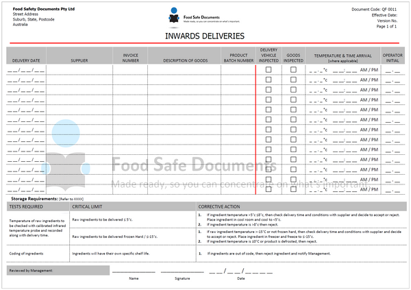 Inwards Deliveries - Food Safe Documents