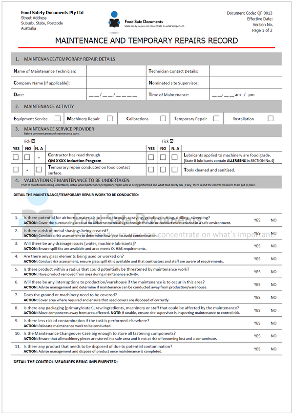 Maintenance & Temporary Repairs Record - Food Safe Documents