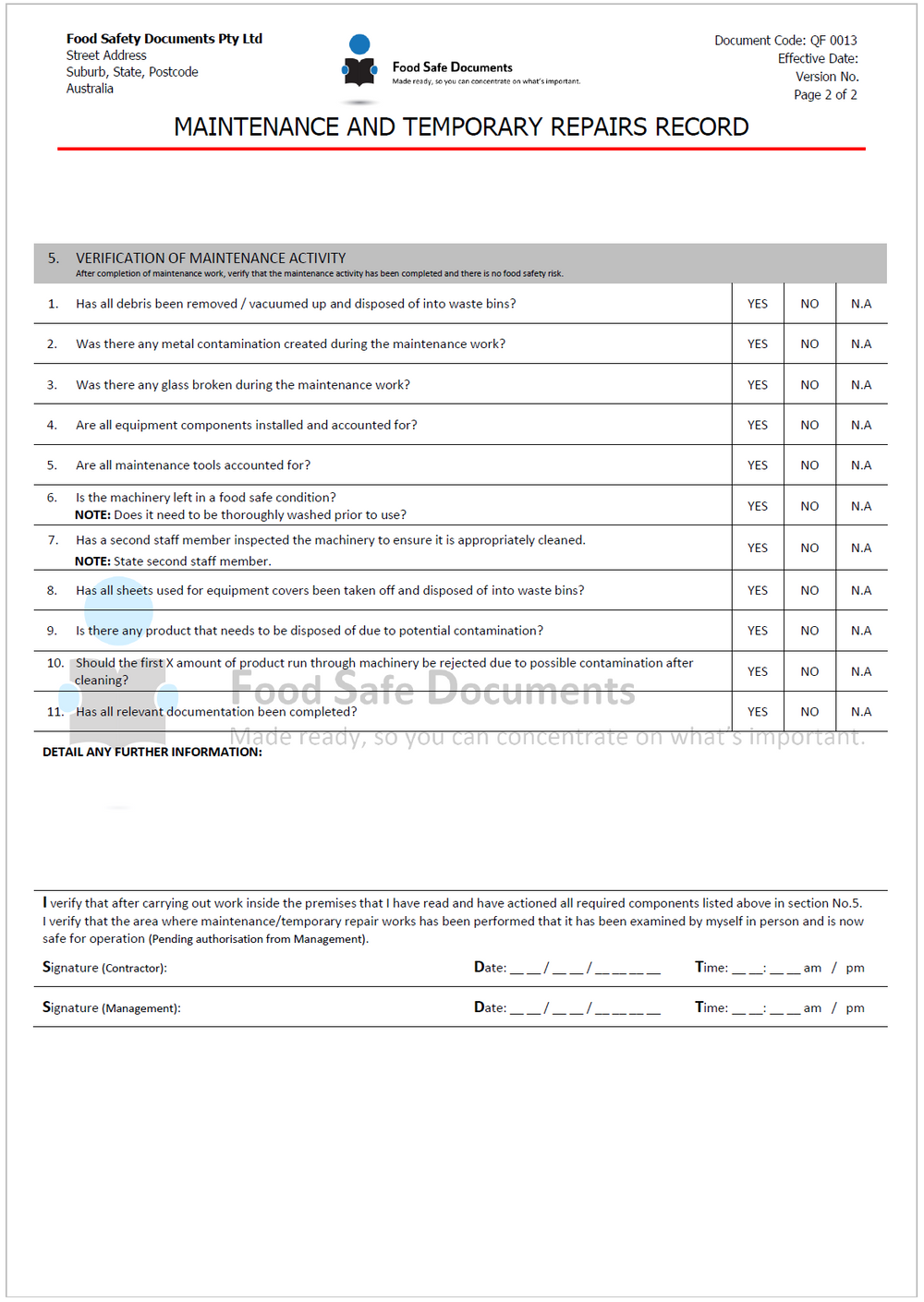 Maintenance & Temporary Repairs Record - Food Safe Documents