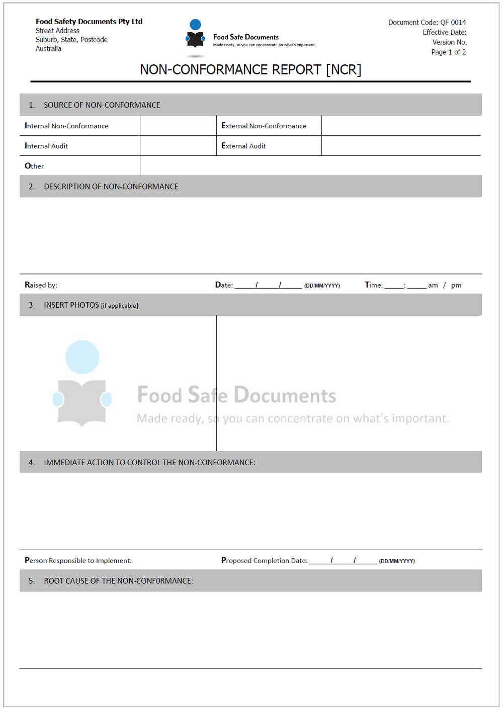 Non Conformance Report - Food Safe Documents