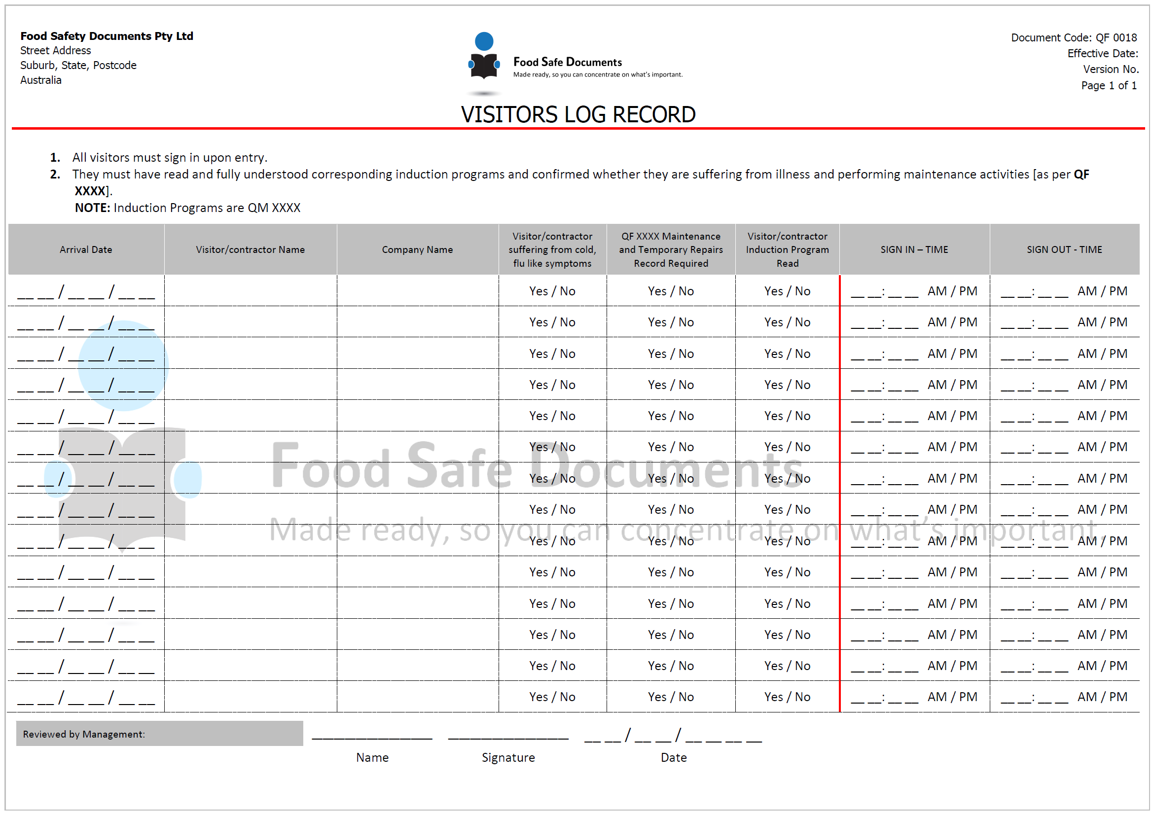 Visitors Log Record - Food Safe Documents