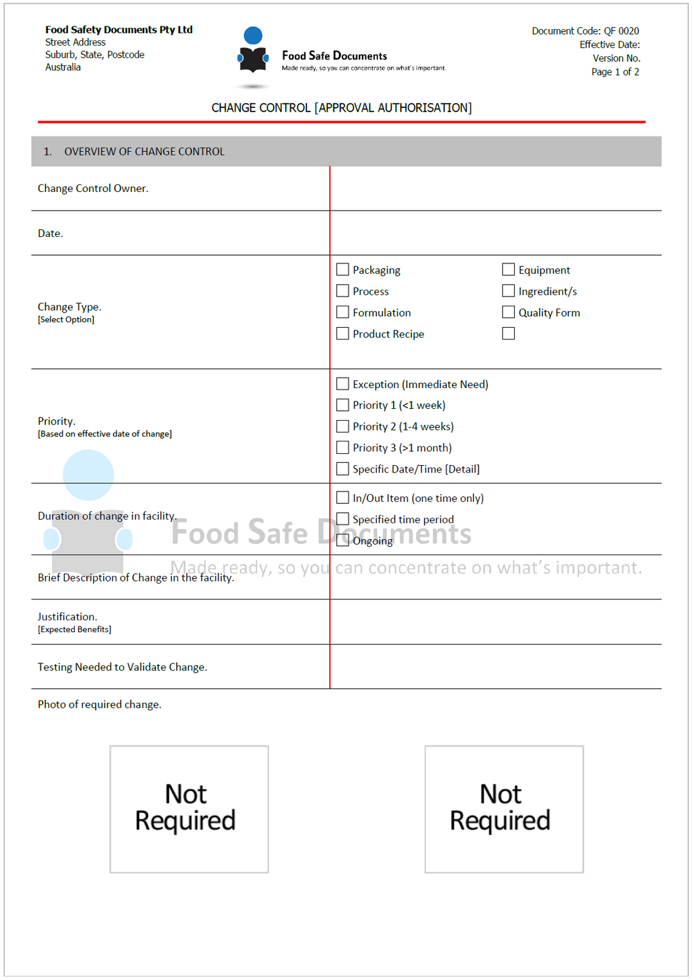 Change Control [Approval Authorisation] - Food Safe Documents