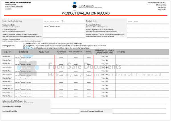 Product Evaluation Record - Food Safe Documents