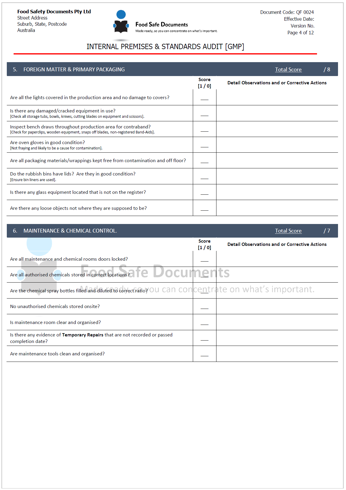 Internal Premises & Standards Audit [GMP] - Food Safe Documents