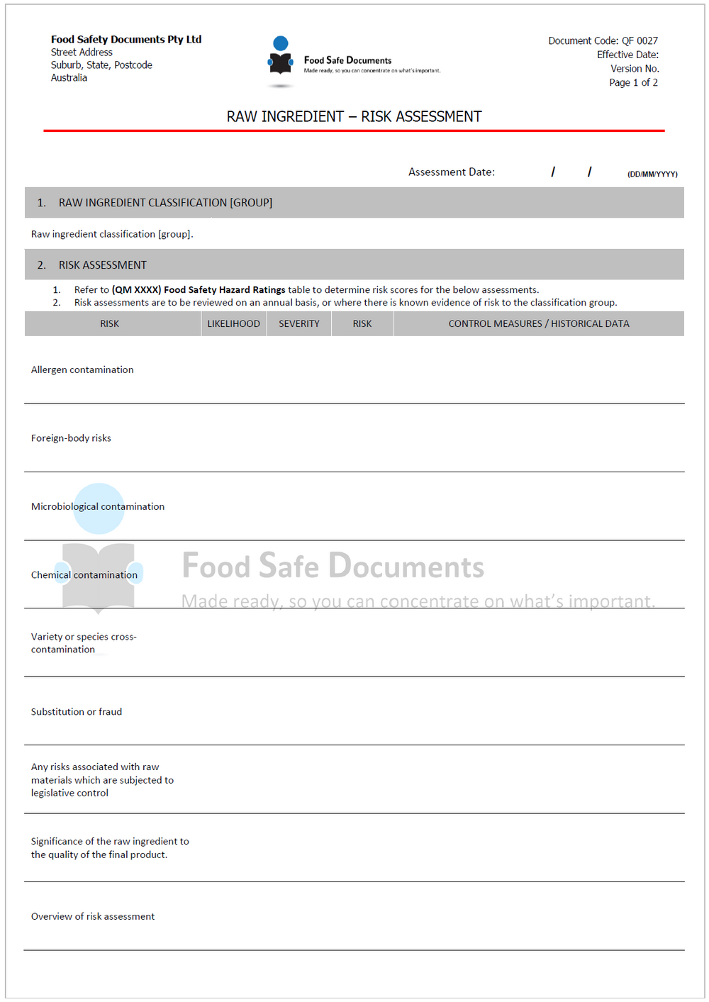 Raw Ingredient - Risk Assessment - Food Safe Documents
