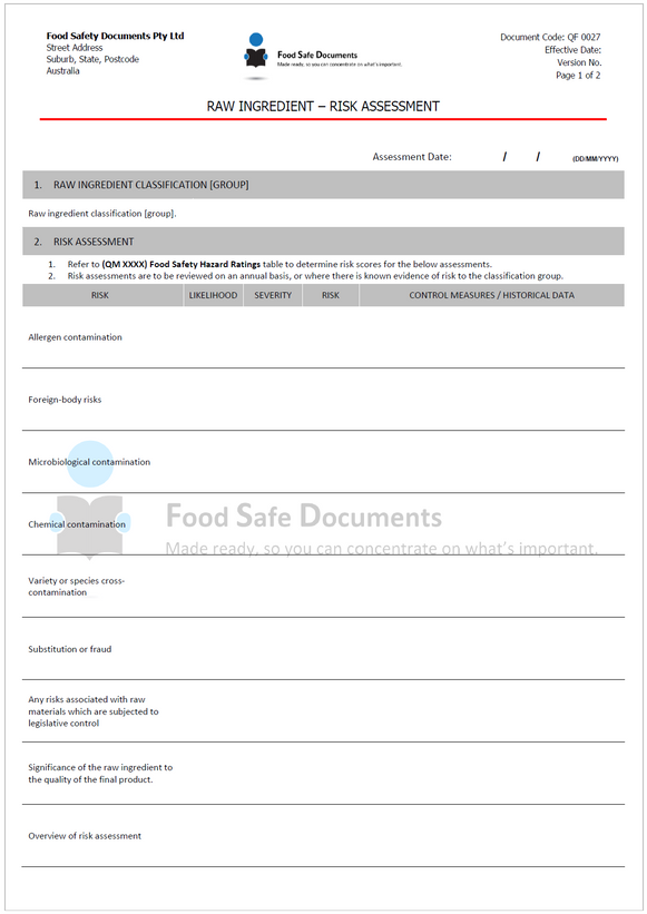 Raw Ingredient - Risk Assessment - Food Safe Documents