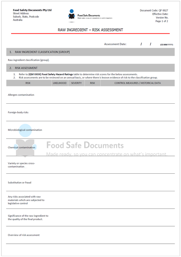 Raw Ingredient - Risk Assessment - Food Safe Documents