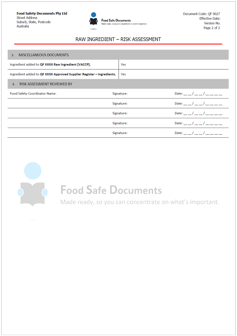 Raw Ingredient - Risk Assessment - Food Safe Documents