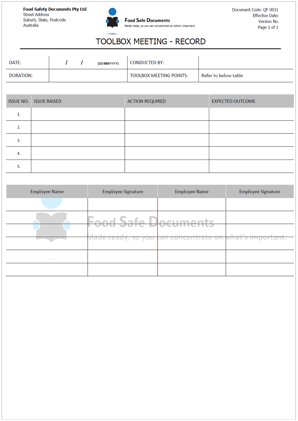Toolbox Meeting - Food Safe Documents