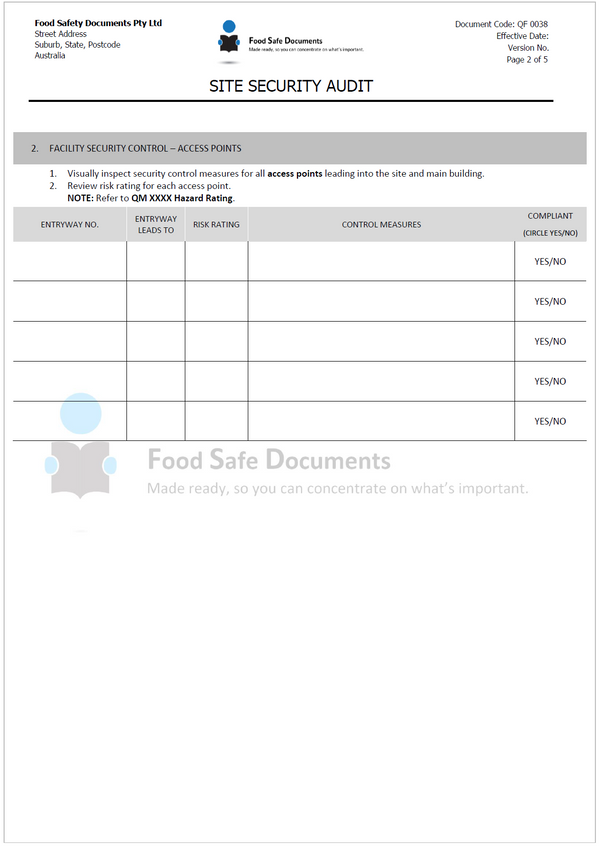 Site Security Audit - Food Safe Documents